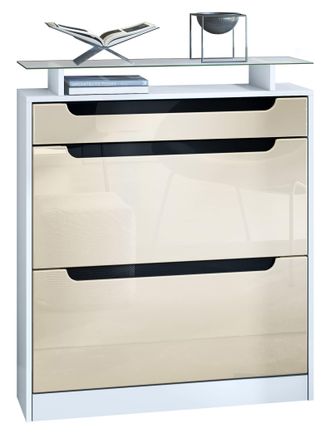 Vladon Schuhschrank Fiesta, Wei&szlig; matt/Creme Hochglanz/Schwarz Hochglanz Schuhkipper f&uuml;r 16 Paar Schuhe mit 2 Klappen (89 x 104 x 23 cm)