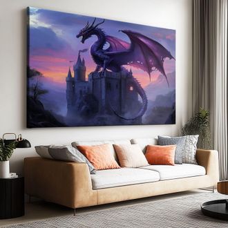 Generic Leinwand Bilder Anime Fantasie Schloss Drache, 160 x 80 cm Leinwandbilder - Bild auf leinwand - Wandbild XXL gro&szlig; Wandbilder f&uuml;r Wohnzimmer Schlafzimm