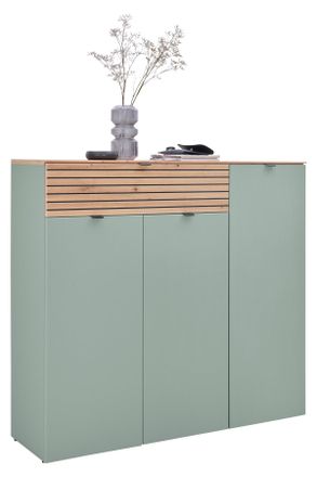 Voleo Schuhschrank, Eiche Artisan, Gr&uuml;n, Metall, 7 F&auml;cher, 1 Schubladen, 136x125x41 cm, Typenauswahl, Beim&ouml;bel erh&auml;ltlich, stehend, Garderobe, Schuhaufbewah