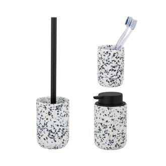 Sch&ouml;ner Wohnen Kollektion Bad-Accessoire Set Mod. Tosi 3-teilig aus stabilen Polyresin in Wei&szlig; Schwarz inkl. Zahnputzbecher Seifenspender WC-Garnitur Ma&szlig;e 36,5 x 9,5 cm