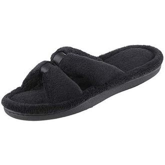 Isotoner Chaussons Signature X-Slide pour femme, bordure en satin avec mousse à mémoire de forme, noir, 9.5-10
