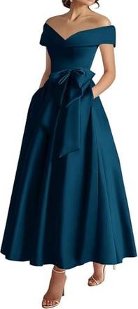 Generic Robe de mère de la mariée en satin à épaules dénudées Longueur thé Robe dinvité de mariage formelle avec noeud, bleu sarcelle, 46 Grande taille