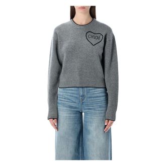 Chlo&eacute; Femme, Pulls, Gris, Taille: 38 FR Cropped Fitted Logo Sweater