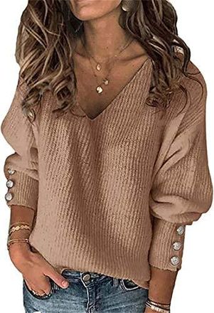 ORANDESIGNE Pull Femme Couleur Unie Décoration de Bouton Manche Longue Pull à Col Rond Top Tricoté Casual Lâche Pull Automne Hiver B Kaki XXL
