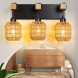 Wilon Wandleuchte Innen Vintage, 3 Flammig E26 Wandlampe, Retro Holz Wandlampe mit Rattan Lampenschirm, Wall Light f&uuml;r Badezimmer Wohnzimmer Schlafzimmer Fl