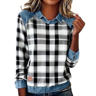 Generic Chemisier &agrave; manches longues pour femme - &Eacute;l&eacute;gant chemisier de loisirs - Chemisier en jean d&eacute;contract&eacute; - T-shirt &agrave; manches longues avec boutonni&egrave;re - C