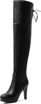 SJJH Bottes au-dessus du genou &agrave; larri&egrave;re r&eacute;glable | Bottes pour femme pour les jours froids et les occasions, talon de 10 cm, semelle plate, Noir, 38 EU