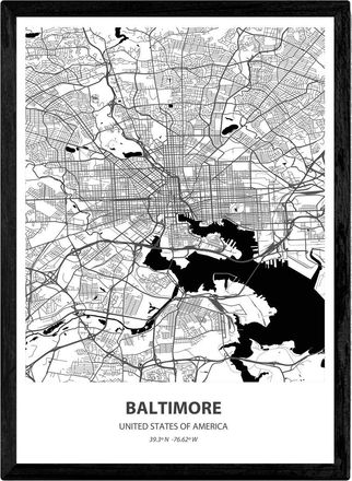 Nacnic Poster mit Karte von Baltimore - USA. Blätter von US-Städte mit Meeren und Flüssen in schwarz und weiß. A3