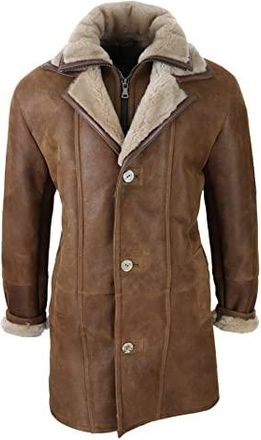 TruClothing Manteau Duffle Long pour Homme en Peau de Mouton retournée véritable Chic décontracté avec Boutons et Zip Chaud pour lhiver - Marron Clair XL