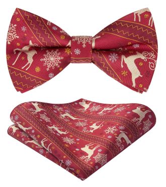 Hisdern Weihnachtsfliege Herren Vorgebunden Fliege Weihnachten und Einstecktuch Set f&uuml;r M&auml;nner Burgund Fliegen Taschentuch mit Weihnachtsmotiv