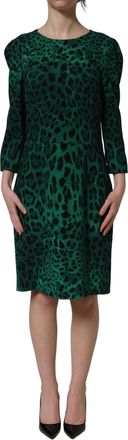 Dolce & Gabbana Womens Green Leopard Print Silk Knee Length Dress Elastane