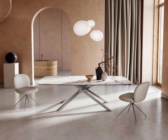 DELIFE Esstisch Edge Boot 240x120 Keramik Calacatta Luxe Weiß-Gold-Grau Kreuzgestell Rechteck Edelstahl, Esstische