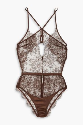 Coco de Mer Mickalene Body aus Chantilly-Spitze mit Seidenbes&auml;tzen und Wellenkanten - Braun - L