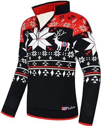 Nebulus Fria Pull en tricot chaud pour homme avec fourrure synthétique et col montant avec fermeture éclair au look norvégien, noir/rouge, M