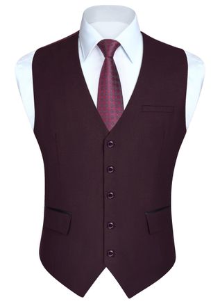 Hisdern Anzugweste Weinrot Herren Elegant Hochzeit Weste Anzug Klassische Einfarbig Businessweste Formelle Smoking Anzugwesten mit Taschen 3XL