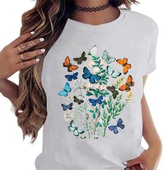 Keephen Papillon avec Fleurs T-Shirt Femmes Esth&eacute;tique Papillon Impression 3D T-Shirt Manches Courtes Col Rond Streetwear Dames &Eacute;t&eacute; Mignon Tops