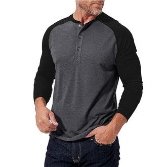 Generic Chemise Henley &agrave; manches longues boutonn&eacute;e et col Henley pour homme - L&eacute;ger et respirant - Manches longues raglan - Printemps et automne - Confortable