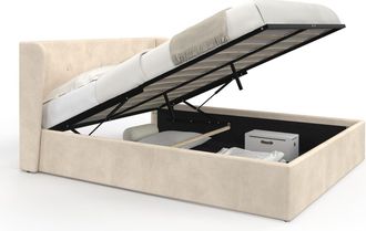 IDMarket Doppelkastenbett OREA mit umh&uuml;llendem Kopfteil und Bettkasten 140 x 190 cm Velours beige