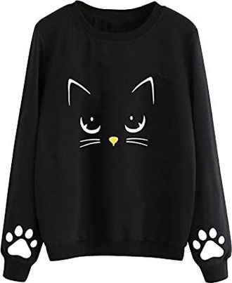 Generic Sweat &agrave; capuche &agrave; manches longues pour femme - Col rond - Coupe ample - Imprim&eacute; chaton graphique - Coupe ample - Mode occidentale - Confortable - Dr&ocirc;l