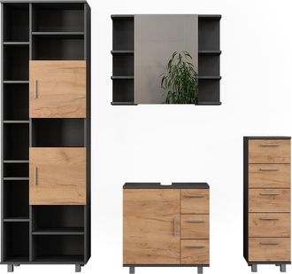 Vicco Badmöbel-Set Anthrazit/Goldkraft Eiche Ilias, bestehend aus Badspiegelschrank, Waschbeckenunterschrank, Midischrank, Hochschrank - mit Fächern für Fle