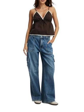 Generic Jean cargo baggy taille moyenne pour femme Y2K Streetwear Pantalon en jean à jambe large avec poche à rabat pour femme, bleu, XL