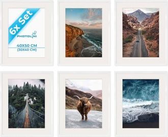 Photolini Cadre 40 x 50 bois MDF blanc, lot de 6 cadres photo avec passe-partout pour posters et affiches, verre acrylique incassable, d&eacute;coration murale &agrave; suspe