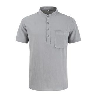 Generic Chemise d&eacute;t&eacute; en coton et lin pour homme - Style d&eacute;contract&eacute; - En coton et lin - Manches courtes - Coupe droite, gris, 3XL