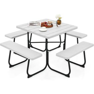 Costway Ensemble Table de Pique-Nique avec 4 Bancs Int&eacute;gr&eacute;s, Ensemble de Jardin Table de Pique-Nique Carr&eacute;e 135KG Trou pour Parasol, pour Jardin Piscine, 170