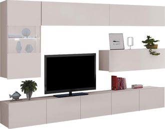 Mirjan24 Moderne Wohnwand Calabrini IV, Anbauwand, Mediawand, TV Lowboard, H&auml;ngevitrine, Wandregal, Wohnzimmerschrank, Fernsehschrank (mit wei&szlig;er LED Beleuchtu
