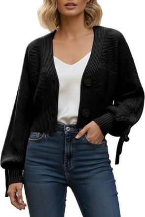 Generico Cardigan en tricot léger et décontracté pour femme avec col en V et manches longues pour vêtements tendance en hiver, Noir, Taille Unique