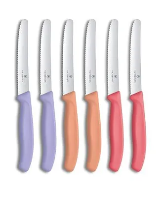 Victorinox by Swiss Army Swiss Classic, Frühstücksmesser, Brötchenmesser Set, 6teilig, Scharfe Klinge, Wellenschliff, 11cm, Rostfreier Stahl, Violett, Orange und Pink