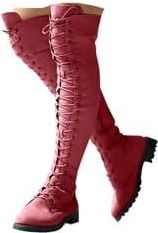 Generic Bottes plates au genou pour femme, bottes mi-mollet souples &agrave; talon bas avec fermeture &eacute;clair lat&eacute;rale, bout rond, en cuir vintage, bottines habill&eacute;es