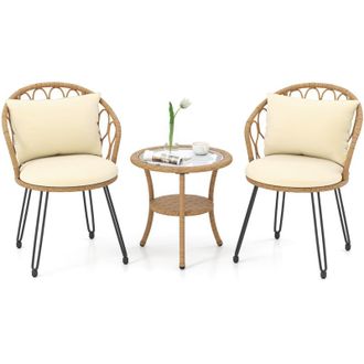 Costway Ensemble de Meuble de Patio en R&eacute;sine Tress&eacute;e PE 3 PCS avec Coussins et Table Basse &agrave; 2 Niveaux avec Verre Tremp&eacute;, pour V&eacute;randa, Balcon, Terrasse