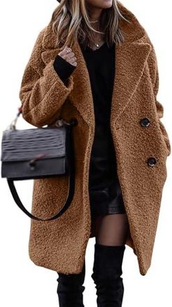 Generic Manteau long en peluche pour femme - Veste trench en fausse fourrure pelucheuse - Cardigan dhiver en polaire à boutons avec poches - Vêtements dextéri