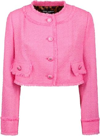 Dolce & Gabbana Femme, Vestes, Rose, Taille: 46 FR Veste Courte en Tweed Rose avec Doublure Imprim&eacute; L&eacute;opard