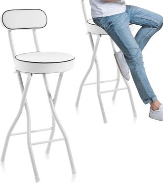 Generic Hoher Barhocker Klappbar mit R&uuml;ckenlehne f&uuml;r Erwachsene, 60/65/70 cm PU-gepolsterter K&uuml;chenst&uuml;hle, Belastbar bis 150kg(White,70cm/28inch)