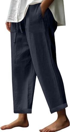 Generic Pantalon Femme Large L&eacute;ger Ete en Lin pour Pantalon D&eacute;contract&eacute; pour Femme Style Japonais Ample et &Eacute;lastique &Agrave; Boutons Style Drap&eacute; Jambes Larges en Fl