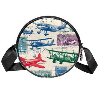 Generic Sac &agrave; bandouli&egrave;re rond pour femme, motif avion, timbres r&eacute;tro, petit sac &agrave; bandouli&egrave;re avec fermeture &eacute;clair, bretelles r&eacute;glables, sac &agrave; main rond d&eacute;c