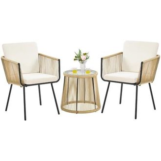 Yaheetech Ensemble Bistro 2 Personnes Salon de Jardin en Osier 3 Pièces avec Fauteuils à Coussins Table Basse à Cadre Métallique Plateau en Verre Trempé