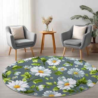Generic Gris Tapis Rond Art D&eacute;co - 180 cm Lavable Doux et antid&eacute;rapant Tapis, Fleurs Marguerites Impression pour Chambre &agrave; Coucher Salon Vestibule entr&eacute;e Cham