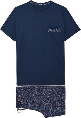 HOM Homme Pyjama Court Broceliande Set, Haut: Marine Uni, Bas: Petit Imprimé Floral Fond Marine, XXL EU
