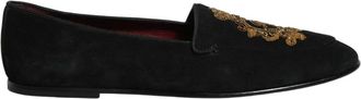 Dolce & Gabbana Homme, Chaussures, Noir, Taille: 44 EU Mocassins en Velours avec Broderie Couronne