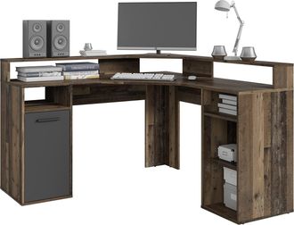 Byliving Fox Gaming-Schreibtisch, Eckschreibtisch, viel Ablagefl&auml;che, mit Aufsatz, Holzwerkstoff, Old Wood, B 139, H 90,8, T 139 cm