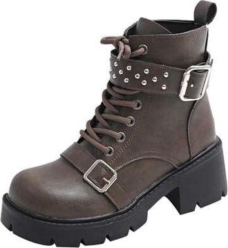 Generic Bottes &agrave; lacets en similicuir pour femme - Style moto - Fermeture &eacute;clair lat&eacute;rale - Talon &eacute;pais - Confortables - Pour f&ecirc;te en plein air, gris fonc&eacute;, 3