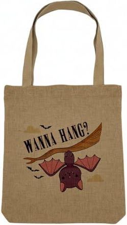 Fabulous Sac Shopping Tote Bag Aspect Lin - Wanna Hang? Chauve souris Halloween Dessin Mignon - Sac de Courses Toile Epaisse 360g Beige Naturel Cabas Port&eacute; Epa
