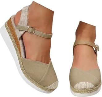 Generic Sandales d&eacute;t&eacute; &agrave; bout ferm&eacute; pour femme, espadrilles compens&eacute;es pour femme, chaussures d&eacute;t&eacute; &agrave; talons bas, chaussures d&eacute;t&eacute; r&eacute;glables avec sangle de chevi