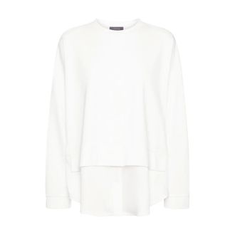 Elena Miro Femme, Sweatshirts et sweats &agrave; capuche, Blanc, Taille: 36 FR SweaT-shirt combin&eacute; en Punto Milano avec fausse chemise en satin &agrave; lourlet