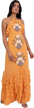 Maya Womens Maxi Dress Ladies Halterneck Sleeveless Floral Sequin Embellished Waterfall Ruffle Wedding Guest Occasion Prom, Orange 36