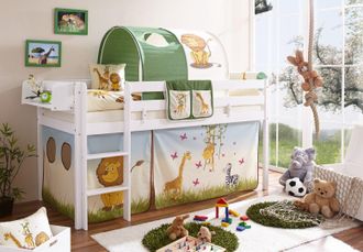 Ticaa Hochbett Spielbett Malte Kiefer massiv Weiss, Vorhangstoff:Safari