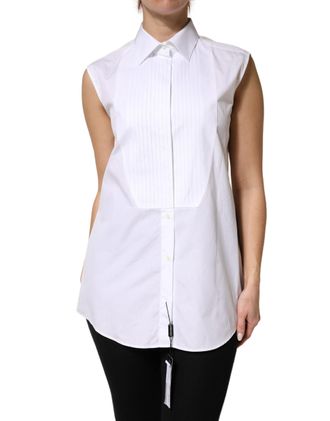 Dolce & Gabbana Womens White Cotton Pleated Sleeveless Button Down Top